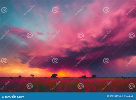 An Open Field Under A Cloudy Sky With Trees In The Distance Stock