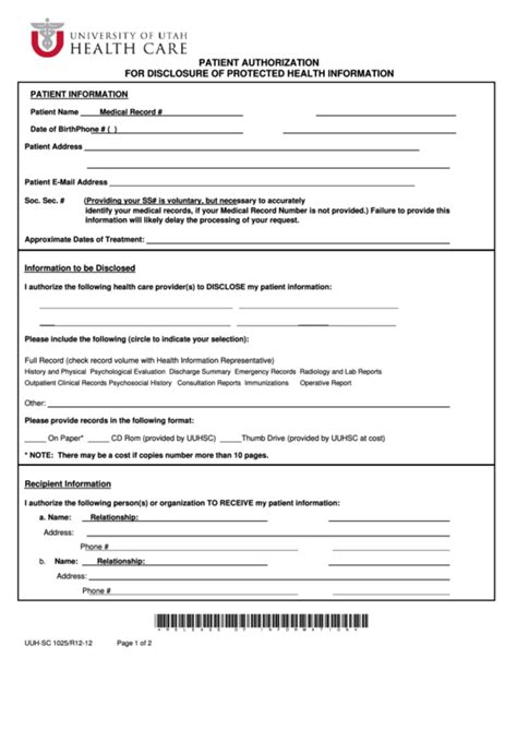 Patient Authorization For Disclosure Of Protected Health Information