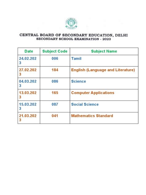 Cbse Class 10 Exam Schedule Pdf