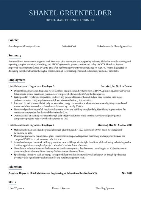 Hotel Maintenance Engineer Resume Cv Example And Writing Guide