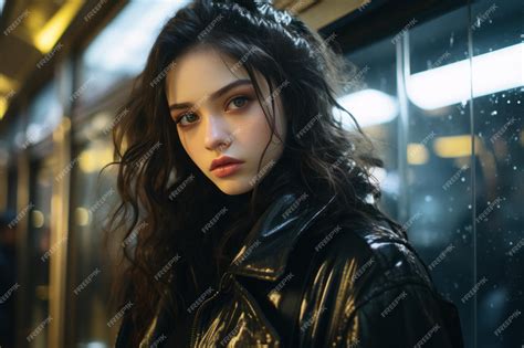 Premium Ai Image A Woman In A Black Leather Jacket Standing In Front Of A Train