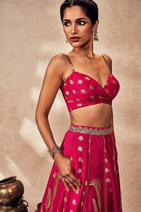 Pink Raw Silk Foil Printed And Kinari Embellished Wedding Lehenga Set By