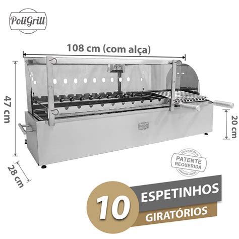 Churrasqueira Espetinho Giratório Inox a Carvão Balcão c Grill Giratório p espetinhos