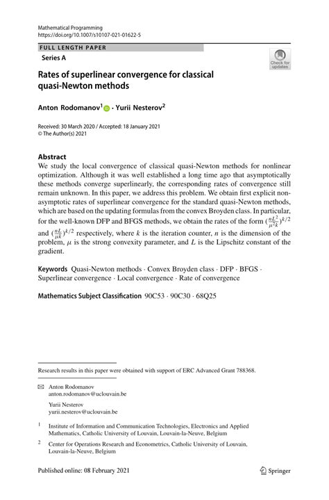 Pdf Rates Of Superlinear Convergence For Classical Quasi Newton Methods