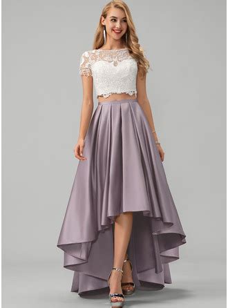 A Line Scoop Neck Asymmetrical Satin Prom Dresses With Lace Pockets