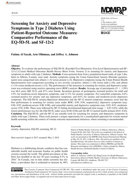 Pdf Screening For Anxiety And Depressive Symptoms In Type 2 Diabetes Using Patient Reported