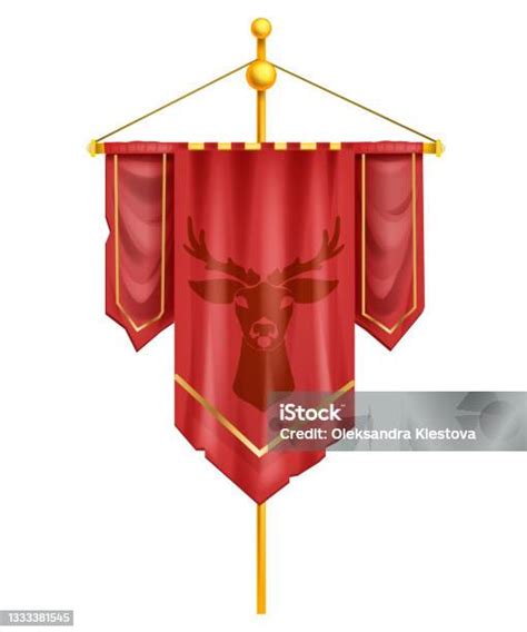 레드 게임 플래그 중세 벡터 전투 배너 골드 깃대 사슴 실루엣 흰색기사 페넌트 우승기에 대한 스톡 벡터 아트 및 기타 이미지 우승기 중세 0명 Istock