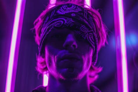 Handsome Fashion Model In Dark Bandana With Neon Purple Lifestyle Mens