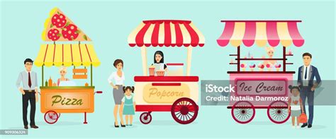크리에이 티브 상세한 벡터 거리 피자 카트 팝콘 아이스크림이 게 판매 젊은 사람들이 음식 축제 이벤트에 길거리 음식이 나 정크 푸드를 구입 플랫 만화 스타일의 일러스트입니다