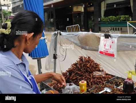 A Fried Insects And Bug Vendor Selling Her Snacks On Soi 7 Sukhumvit