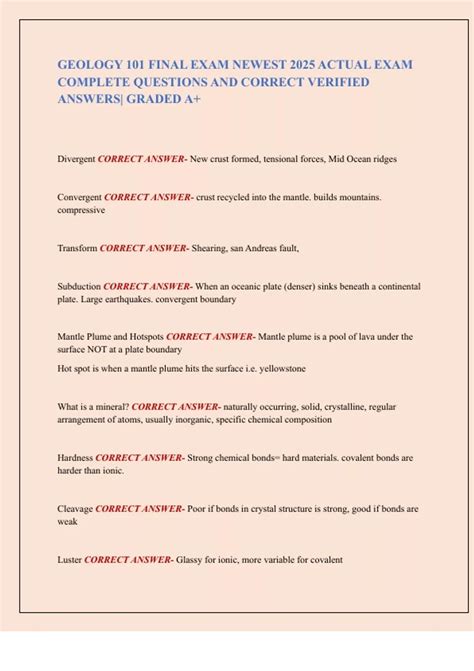 Geology 101 Final Exam Newest 2025 Actual Exam Complete Questions And Correct Verified Answers