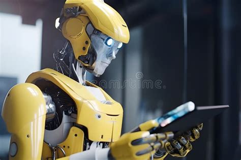 Robot Engineer Wearing Yellow Helmet Holding Digital Tablet In Hands