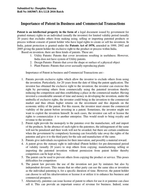 The Comprehensive Importance Of Patents In Business Commercial Transactions And The Role Of
