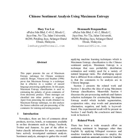 Chinese Sentiment Analysis Using Maximum Entropy Acl Anthology