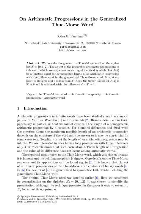 Pdf On Arithmetic Progressions In The Generalized Thue Morse Word