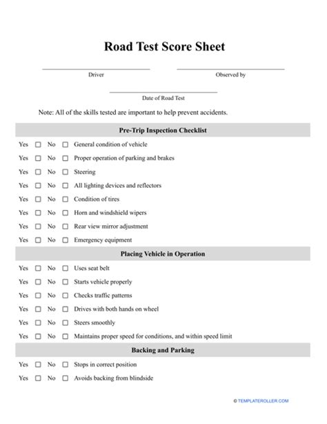 Driving Test Score Sheet