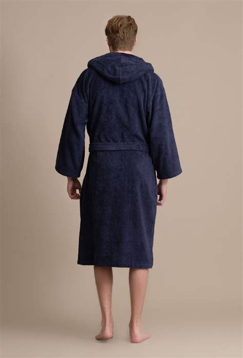 Mens Hooded Robe Cotton Terry Hooded Spa Navy Bathrobe Towelnrobe