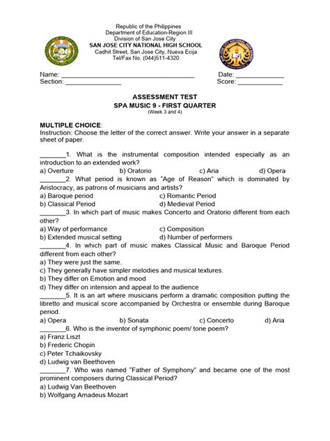 Assessment Test Spa Music 9 1st Q Wk 3 And 4 Pdf Classical