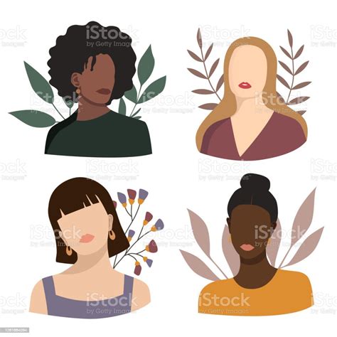 추상적인 여성 초상화 여성 실루엣 세트 어린 소녀들은 꽃무늬 배경을 가지고 있습니다 파스텔 색상 흰색 배경에서 격리된 벡터
