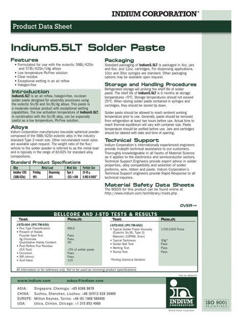 Indium5 5lt Solder Paste Product Data Sheet Pdf Solder Soldering