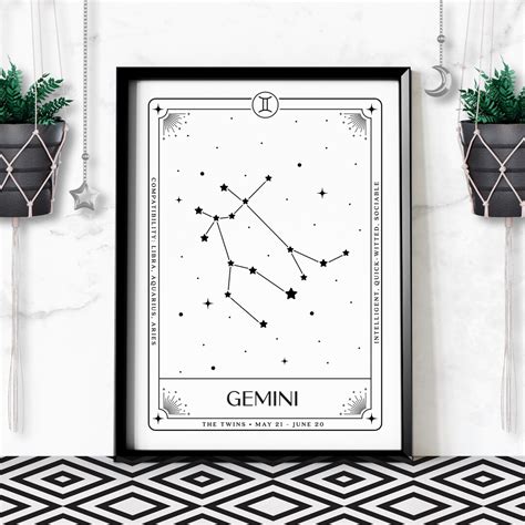 Gemini Zodiac Tarot Card Art Print Astrology Horoscope Celestial Constellation Stars Map