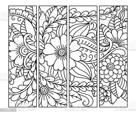 책 색칠에 대 한 북마크 꽃 낙서 패턴 멘디 스타일의 손으로 그리는 흑백 라벨의 집합입니다 색연필과 어린이와 성인의 창의성에 대 한 장식품의 스케치 검은색에 대한 스톡 벡터