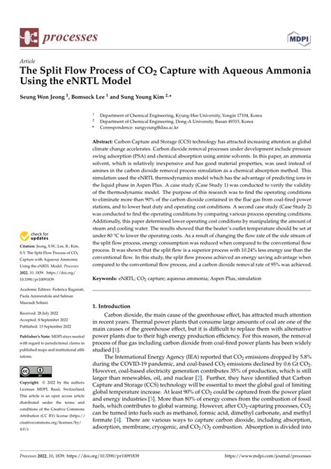 Pdf The Split Flow Process Of Co2 Capture With Aqueous Ammonia Using The Enrtl Model