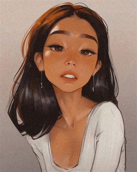 A Drawing Of A Woman With Brown Hair And White Shirt Looking To The Side