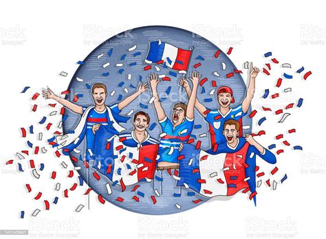 프랑스의 국기로 축하하는 다섯 명의 프랑스 축구 팬 그룹 5명에 대한 스톡 벡터 아트 및 기타 이미지 5명