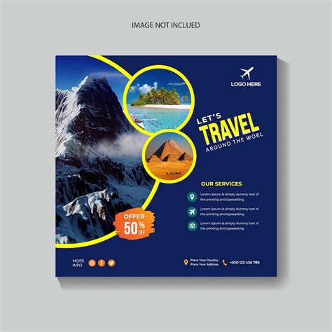 여행 및 투어 소셜 미디어 포스트 디자인 템플릿 프리미엄 벡터