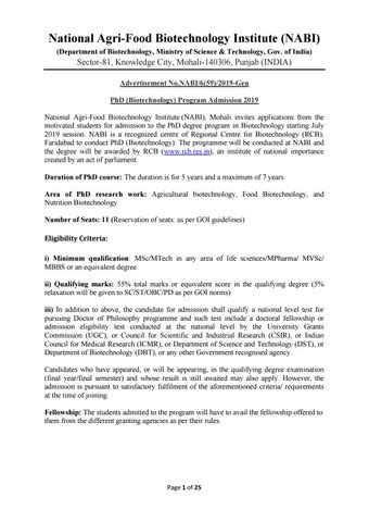 Phd Biotechnology Admission 2019 Nabi Official Notification By