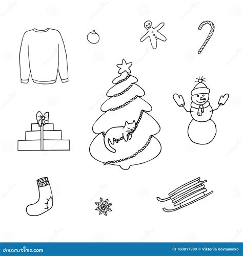 Sistema Del Invierno De Elementos. Bosquejo Del Dibujo De La Mano. Esquema Negro En El Fondo ...