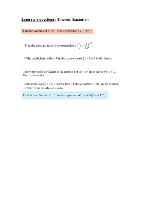 Binomial Expansion Exam Style Questions Worksheet Studocu