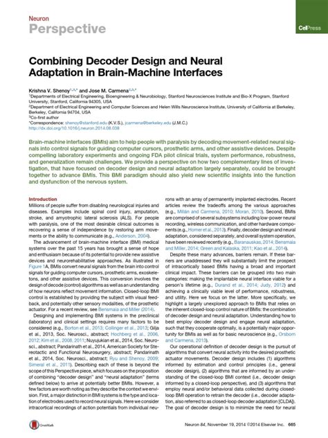 Perspective Combining Decoder Design And Neural Adaptation In Brain Machine Interfaces Pdf
