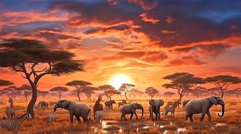 Premium Ai Image African Savannah At Sunset With Elephants Giraffes