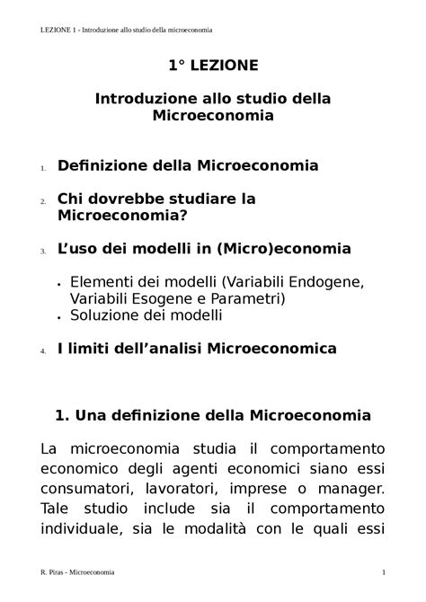Microeconomia Lezione 1 Docsity