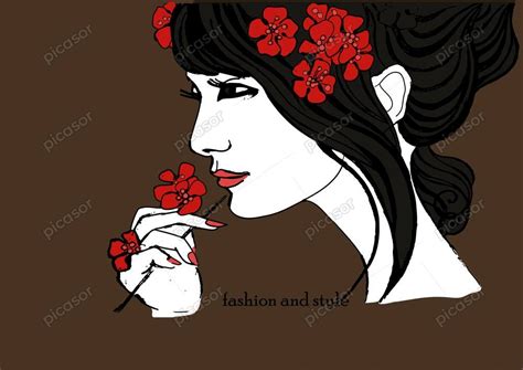 وکتور زن جوان ژاپنی با گلهای قرمز روی سر وکتور تصویر سازی دختر ژاپنی