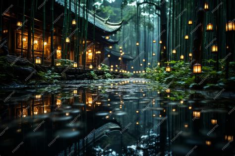 Premium Ai Image Serene Bamboo Forest With Fireflies Generative Ai