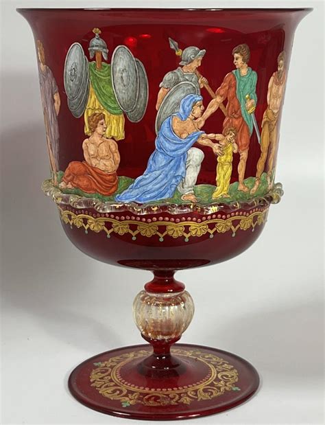 Neoclassical Enameled Murano Chalice Aventurine Ruby Mythology Warriors