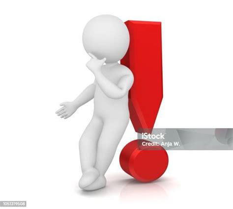 느낌표 3d 빨간색 느낌표가 조언 기호 질문 기호 문제 경고 아이콘 지원 지원 팁 그래픽 흰색 배경에 흰색 스틱 그림 남자 사람과 격리 3차원 형태에 대한 스톡 사진 및