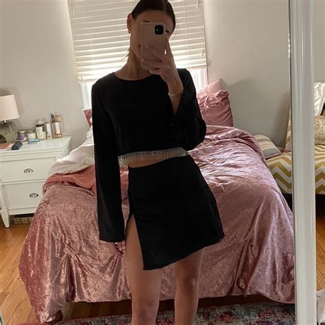 Dynamite Black Satin Fringe Top And Mini Skirt Set Gem