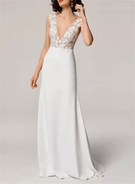 A Line V Neck Sleeveless Lace Sweep Train Wedding Dress With Lace Missacc