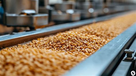 Wheat Grains Moving Along Production Line In Modern Food Processing