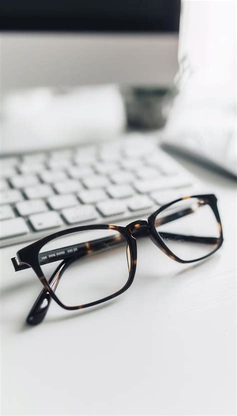 A Pair Of Modern Eyeglasses Rests On A White Desk Near A Computer