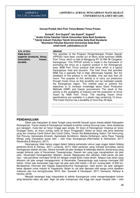 Pdf Inovasi Produk Ukm Putri Timus Melalui Timus Frozen