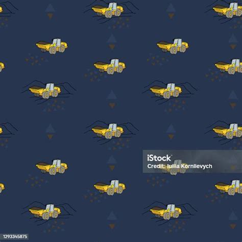 건설 장비의 이미지와 벡터 원활한 패턴 노란색 로더 어두운 파란색 배경에 굴삭기 직물 종이 어린이 의류인쇄용 0명에 대한 스톡 벡터 아트 및 기타 이미지 Istock