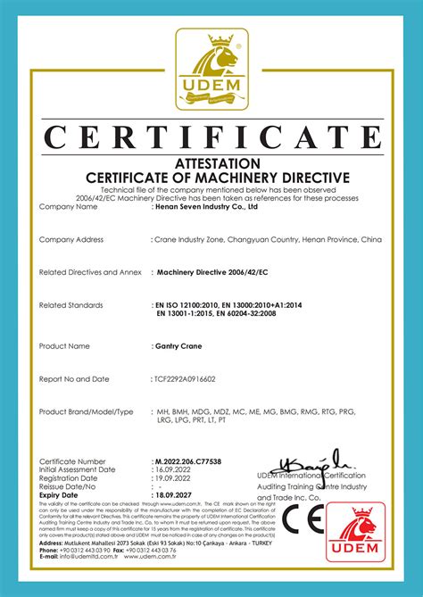Ce Certificate Gantry Crane