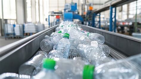 Recycling Line Plastic Bottles On Conveyor Belt In Processing Plant