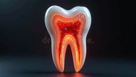 Inflamed Tooth Cross Section Shows Bright Red Pulp And Exposed Nerve