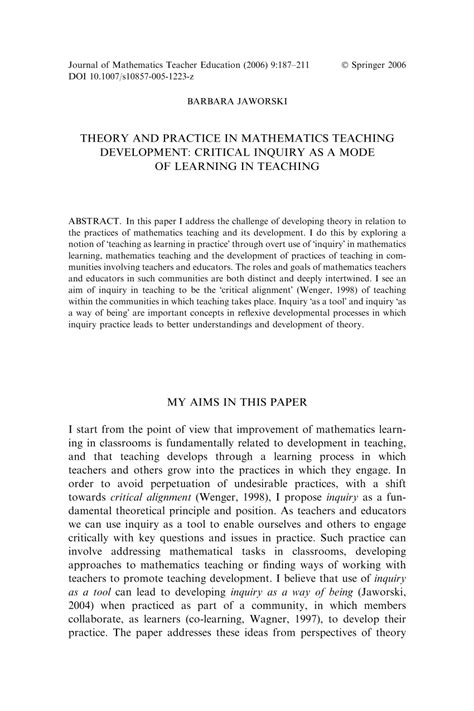 Pdf Theory And Practice In Mathematics Teaching Development Critical Inquiry As A Mode Of
